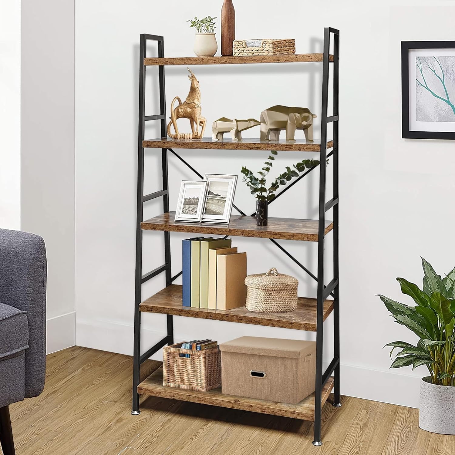 5 Tier Ladder Bookshelf, Heavy Duty Rustic Brown Wood and Metal ...