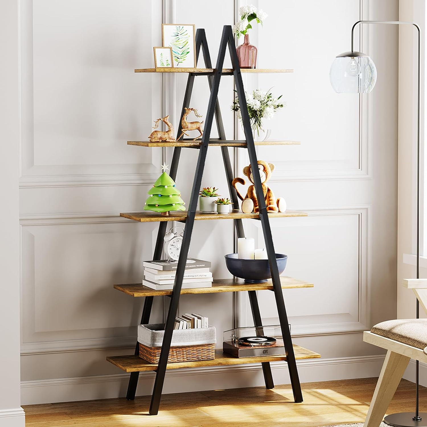 5-Tier Ladder Bookshelf, Industrial A-Shaped Bookcase, Christmas ...