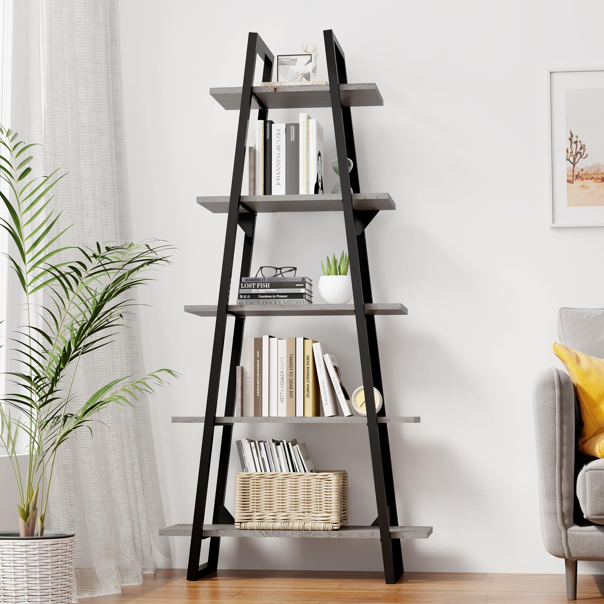 5-Tier Ladder Bookshelf, Industrial A-Shaped Bookcase, Village Display ...