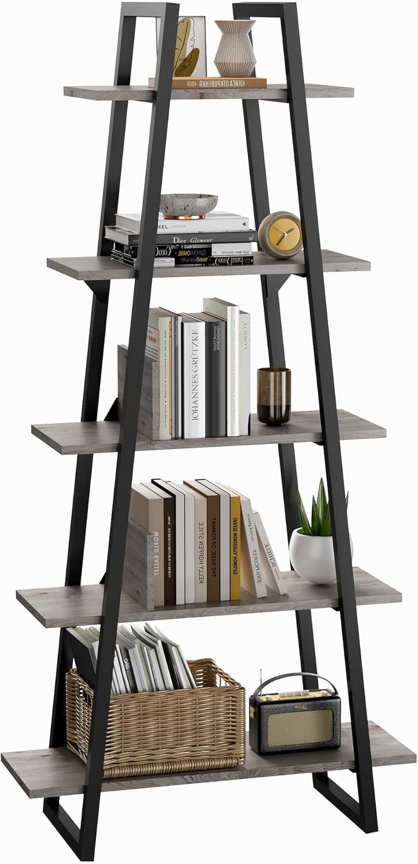 5-Tier Ladder Bookshelf, Industrial Narrow Tall Bookcase with Metal ...