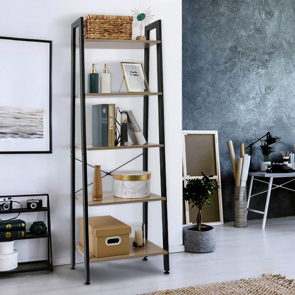 5 Tier Ladder Bookshelf, Industrial Ladder Shelf, Narrow Leaning ...