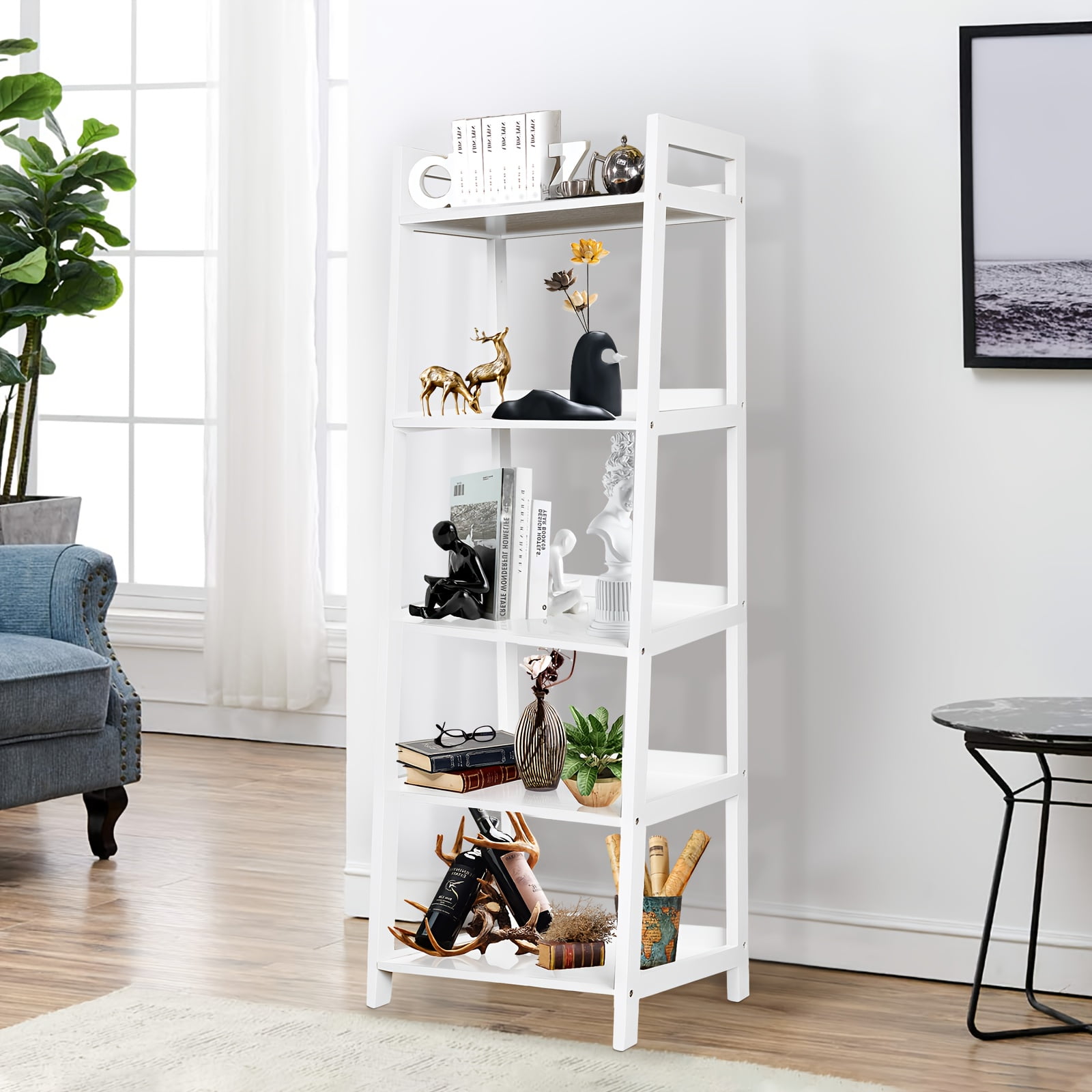 5 Tier Ladder Bookshelf | Modern Open Bookcase, Freestanding Hardwood ...