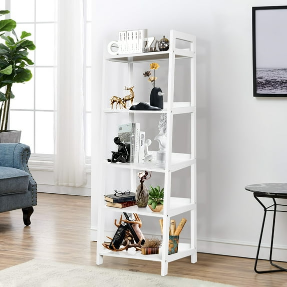 5 Tier Ladder Bookshelf | Modern Open Bookcase, Freestanding Hardwood ...