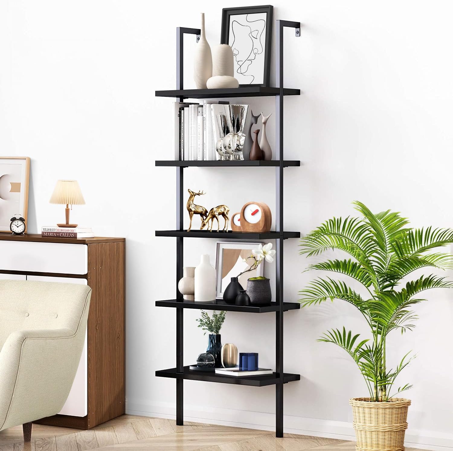 5 Tier Ladder Bookshelf, Wall-Mounted Industrial Bookcase with Metal ...
