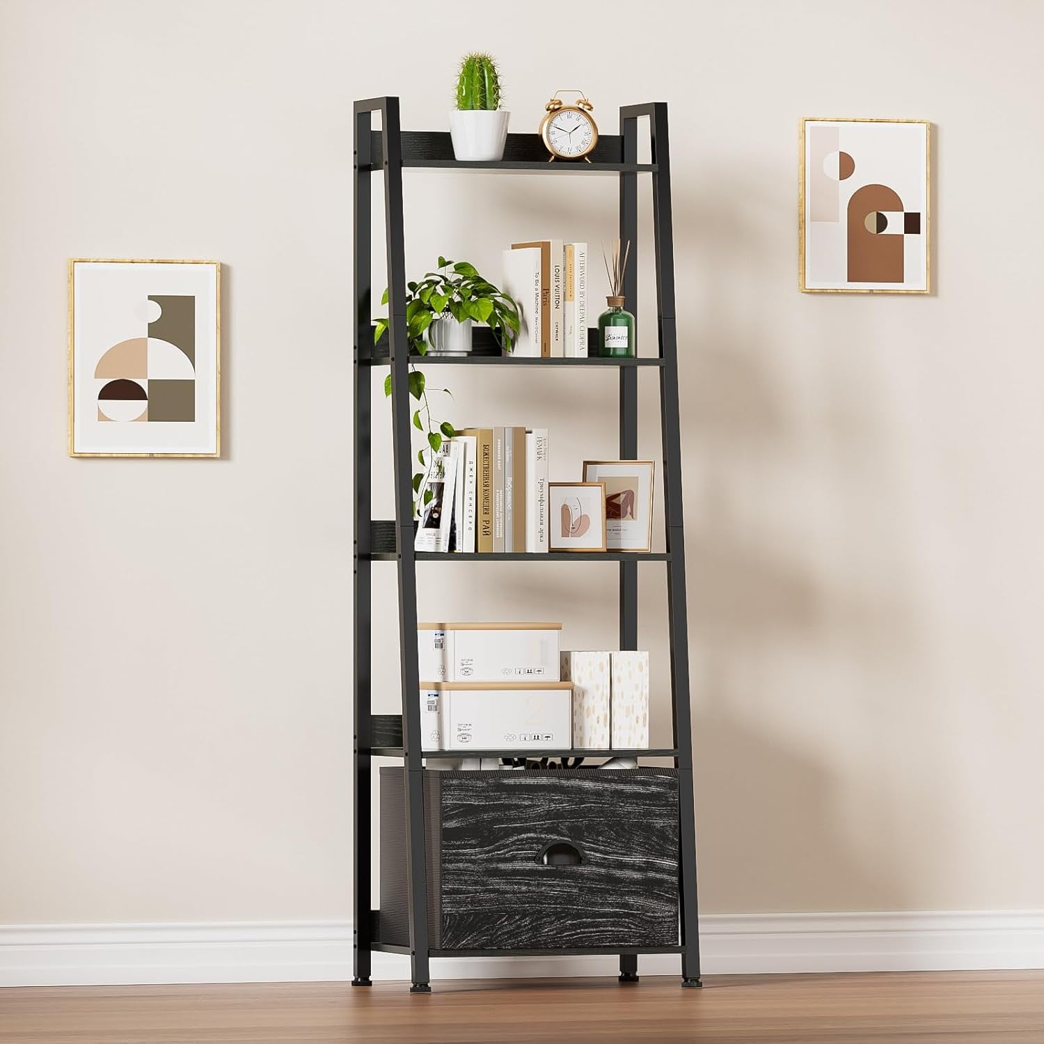 5-Tier Ladder Bookshelf with Drawer & Steel Frame, 63" Tall Black ...
