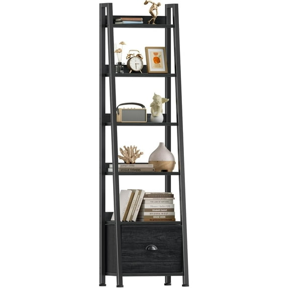 5-Tier Ladder Bookshelf with Removable Drawer, Rustic Wood & Metal ...