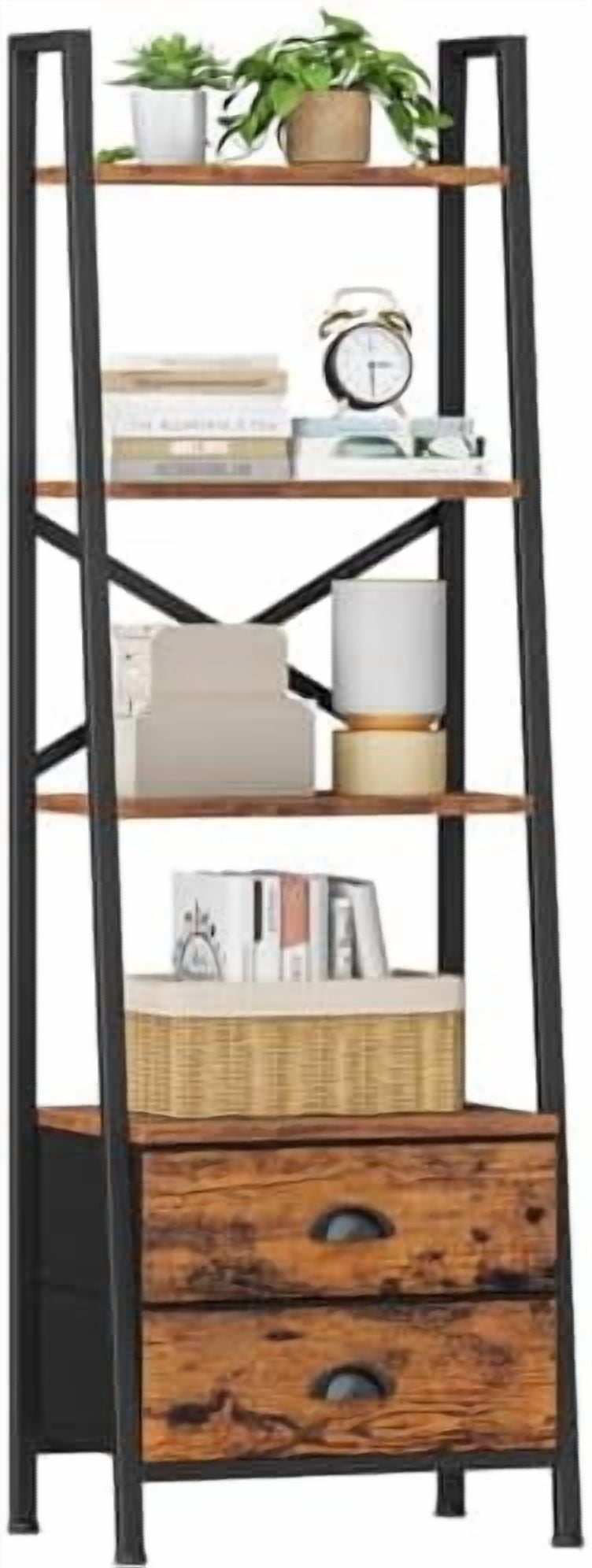 5-Tier Ladder Shelf with 2 Drawers,Narrow Bookshelf Storage Shelves ...