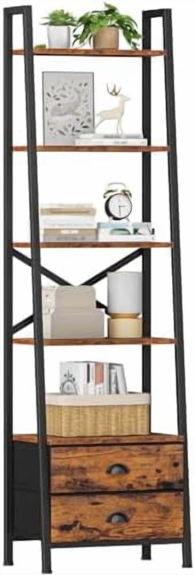 5-Tier Ladder Shelf with 2 Drawers,Narrow Bookshelf Storage Shelves ...