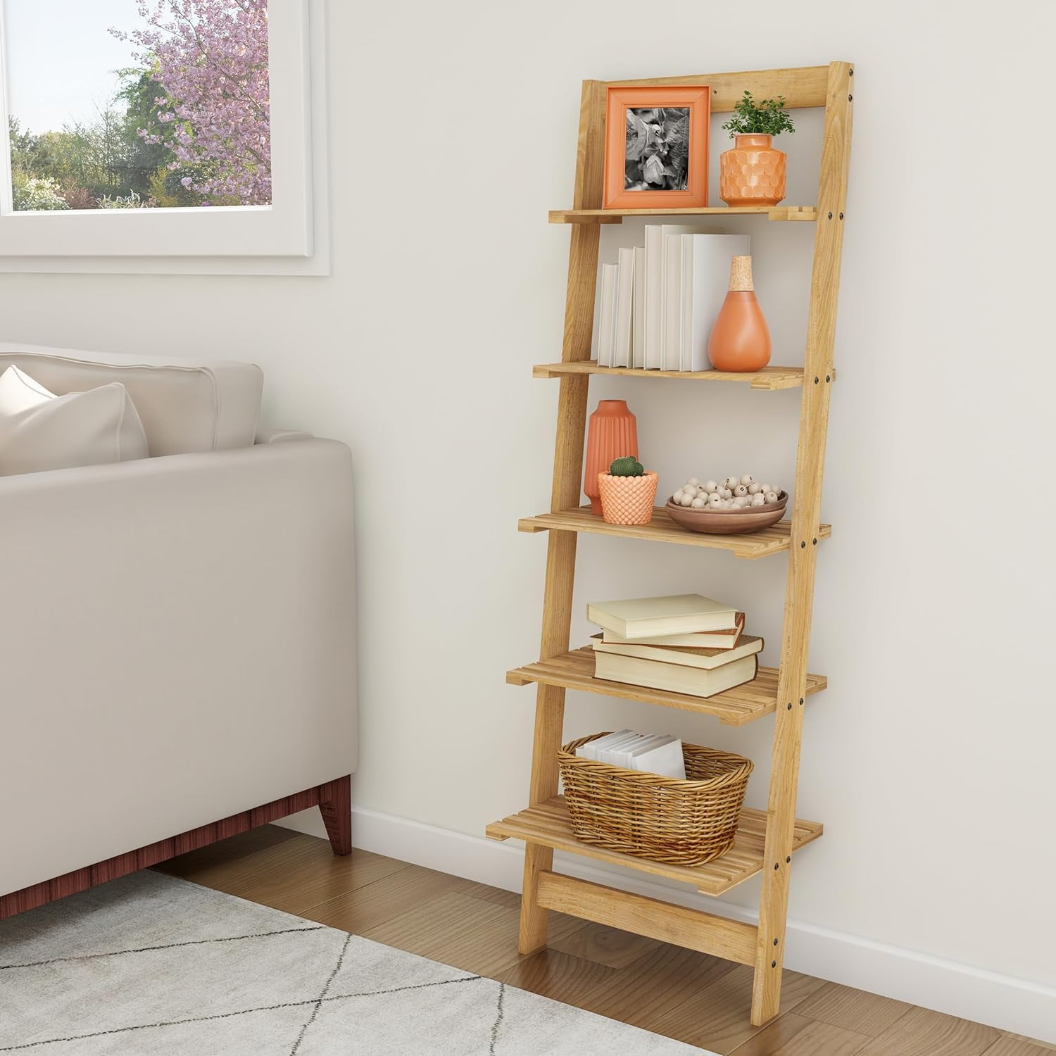 5-Tier Ladder Shelf - 50-Inch Narrow Leaning Bookshelf - Wooden ...