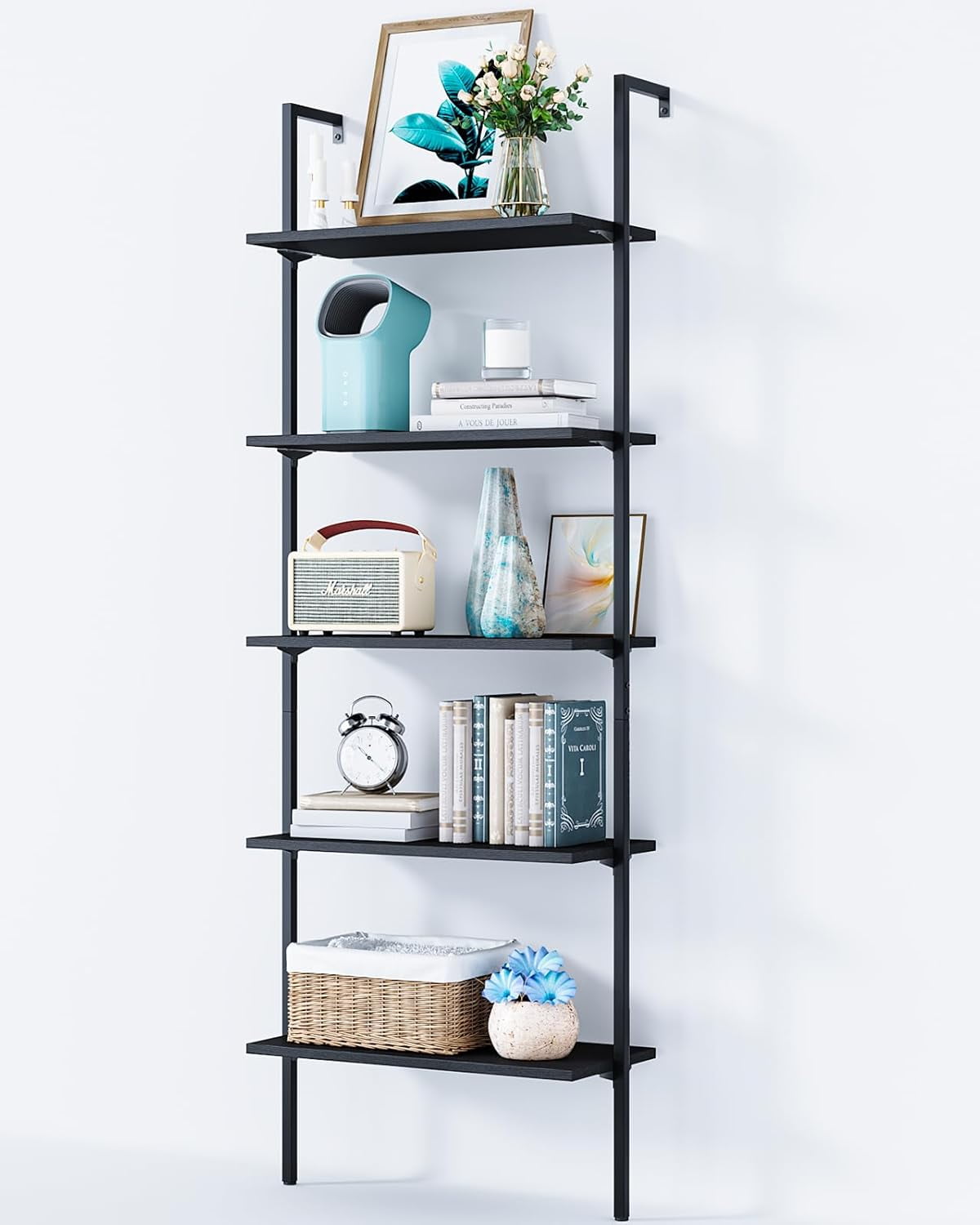 5-Tier Ladder Shelf, 74 Inches Wall Mounted Ladder Bookshelf with Metal ...