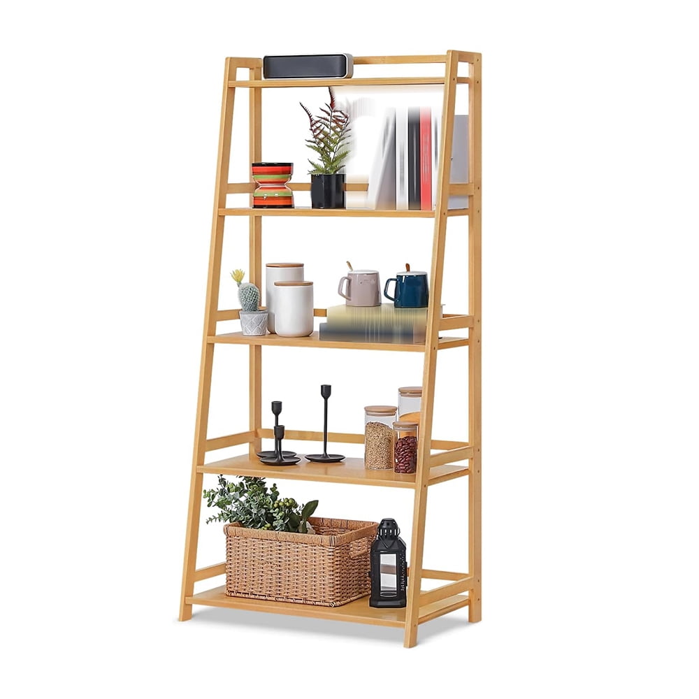 5-Tier Ladder Shelf, Bamboo Ladder Bookshelf, Floor Freestanding ...