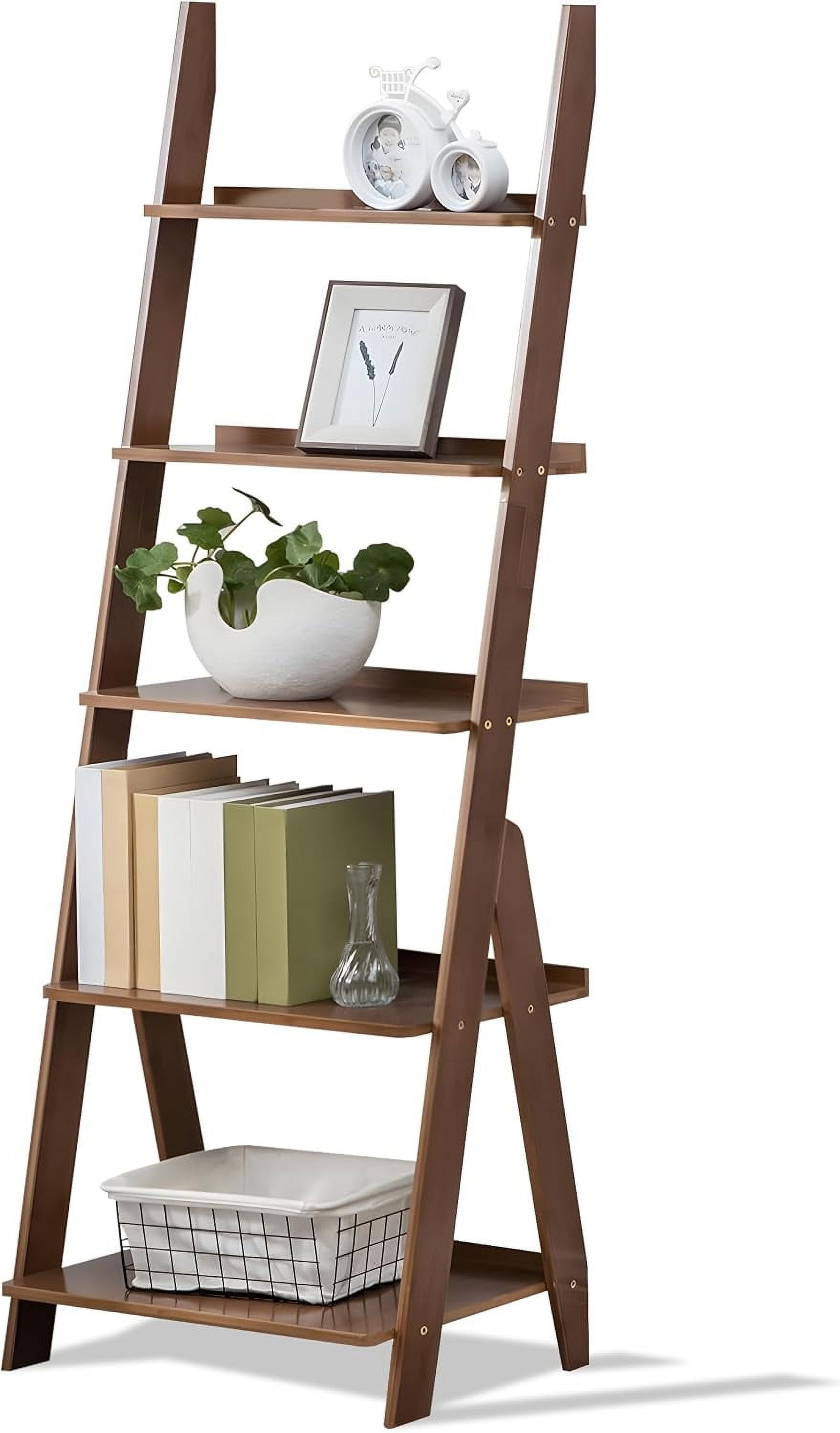 -5-Tier Ladder Shelf Bookcase, Bamboo Ladder Bookshelf Leaning ...