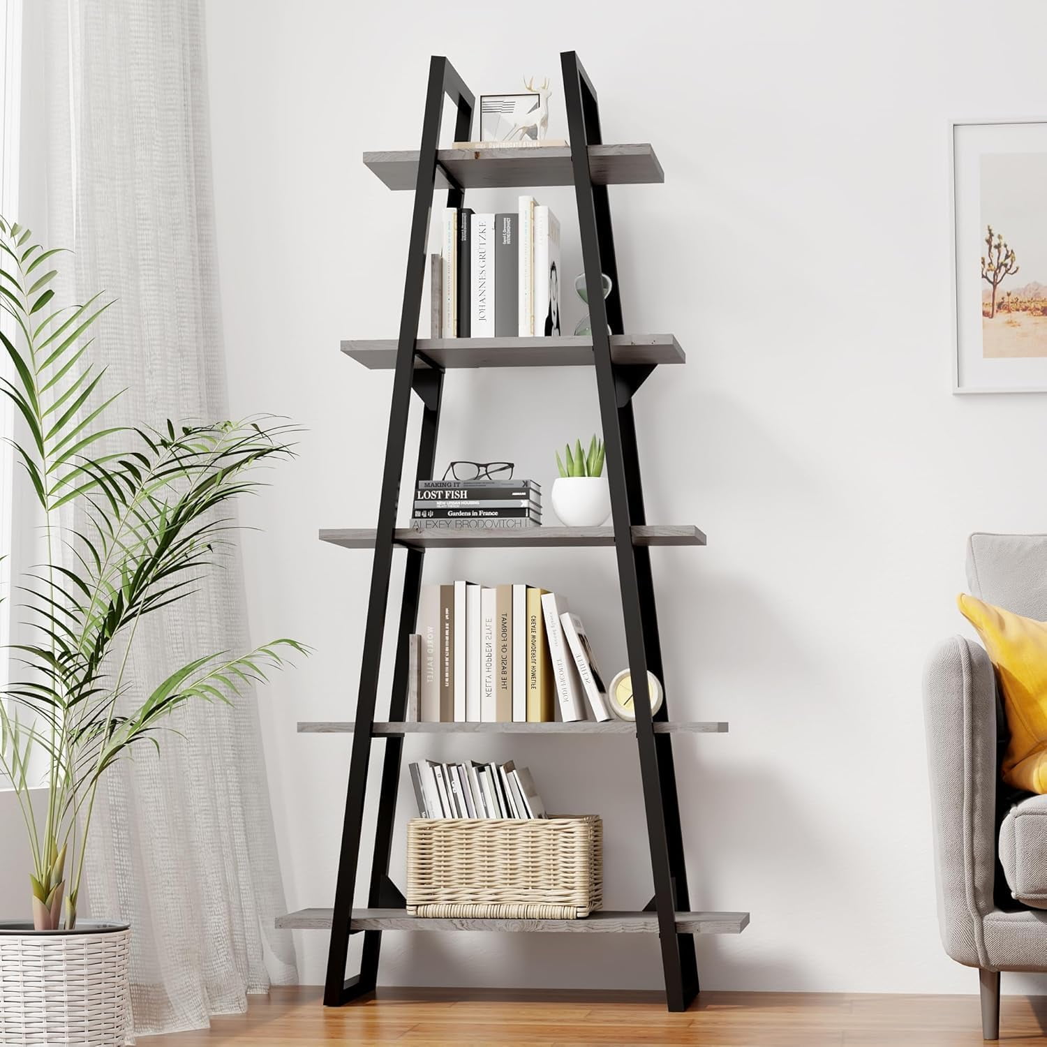 5-Tier Ladder Shelf Bookcase,Rustic Industrial Wood Bookshelf with ...