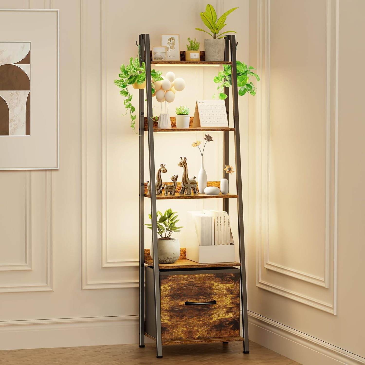 5-Tier Ladder Shelf, Bookshelf with LED Light & Drawer, Rustic Narrow ...