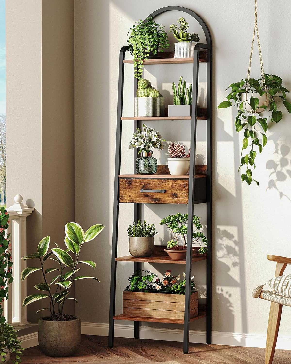 5 Tier Ladder Shelf with Drawer, Tall Ladder Bookshelf, Standing ...