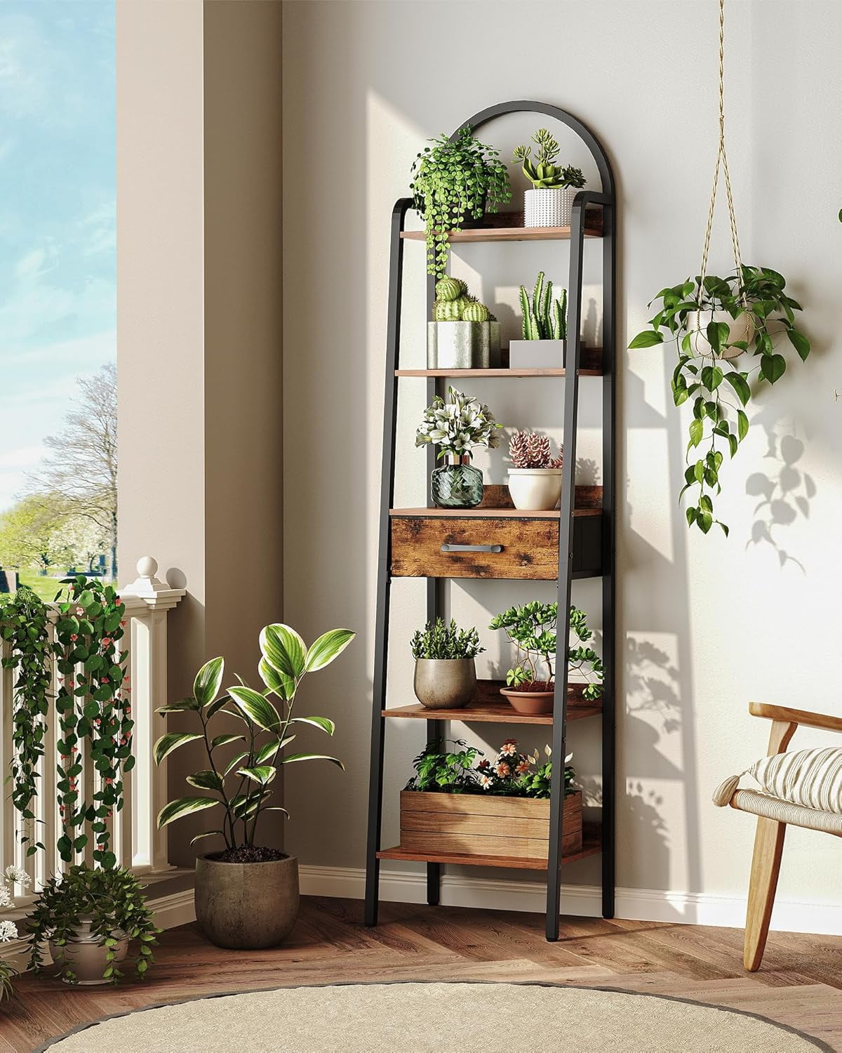 5 Tier Ladder Shelf with Drawer, Tall Narrow Bookshelf with Storage ...