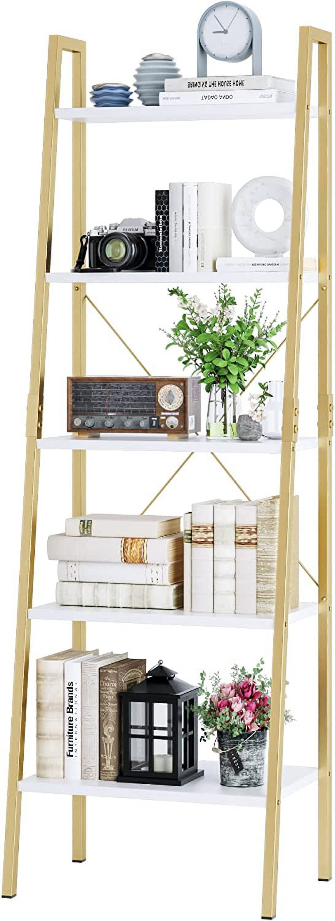 5-Tier Ladder Shelf, Gold Bookcase Bookshelf with Metal Frame, Display ...