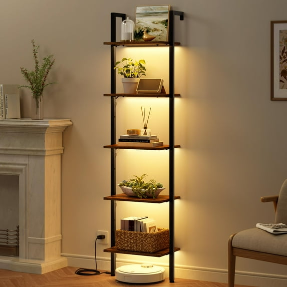 5-Tier Ladder Shelf with LED Light, Wall Mounted Ladder Bookshelf with ...