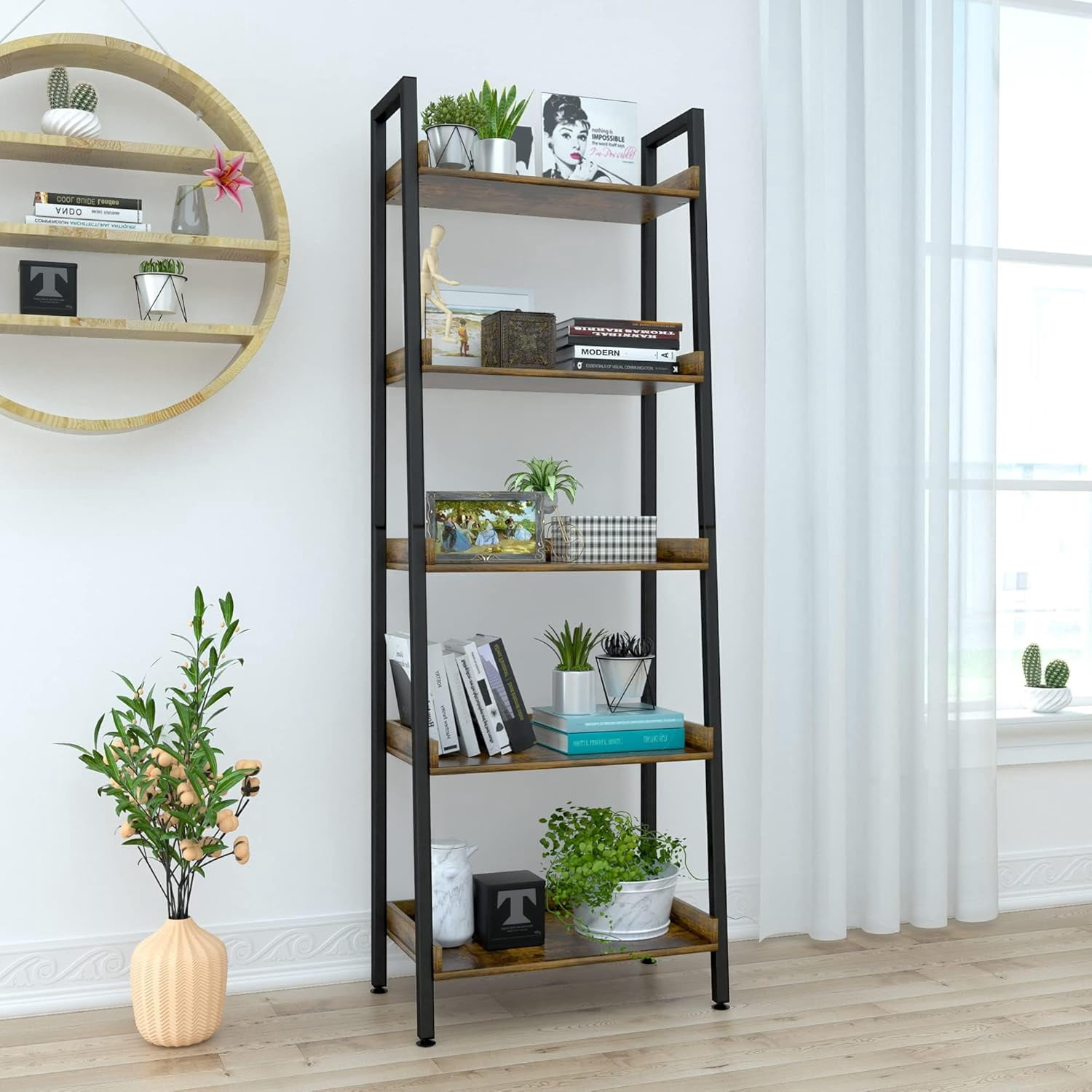 5-Tier Ladder Shelf Ladder Bookshelf Storage Rustic Bookcase Wood Metal ...