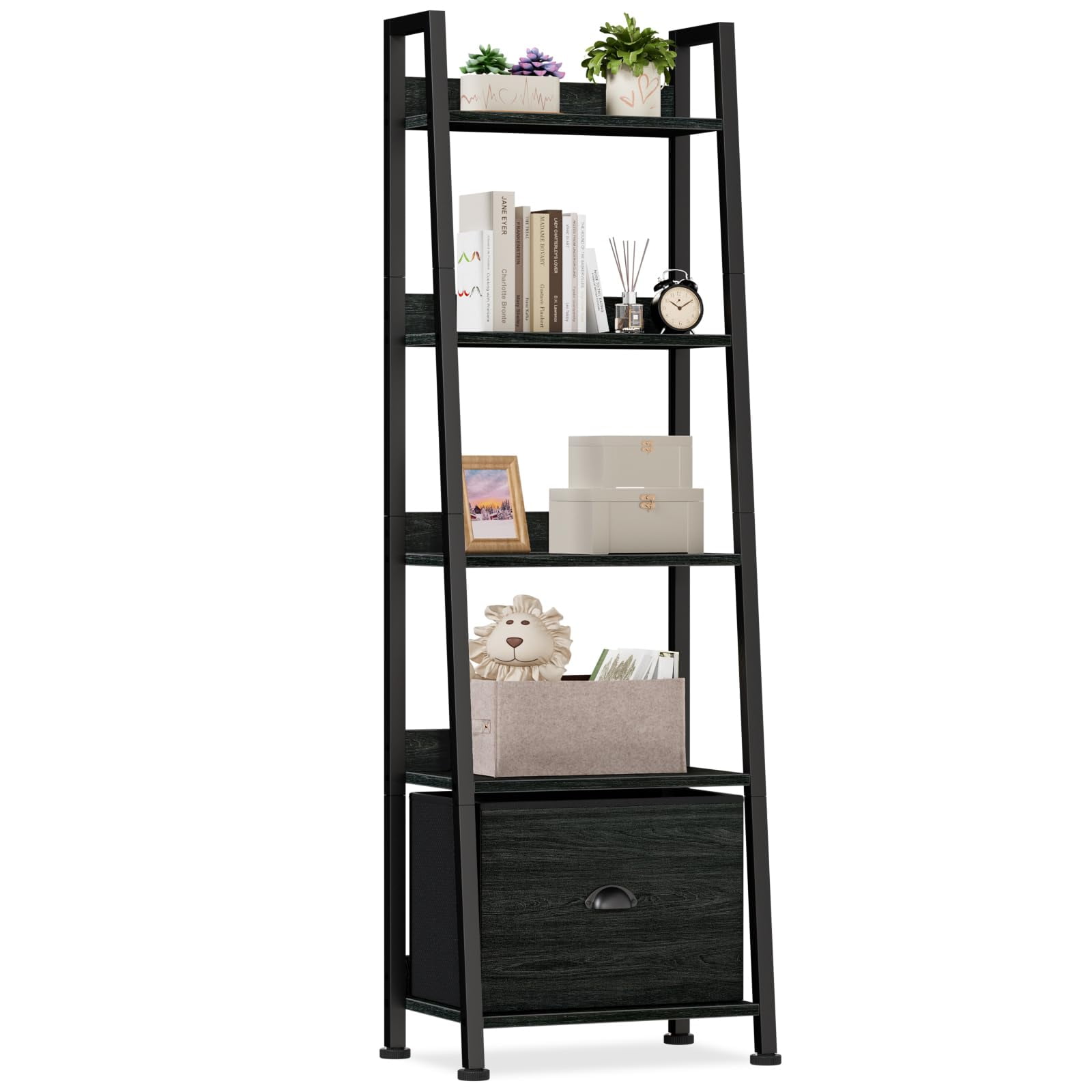 5-Tier Ladder Shelf, Narrow Ladder Bookshelf with Drawer, 55.6”Tall ...