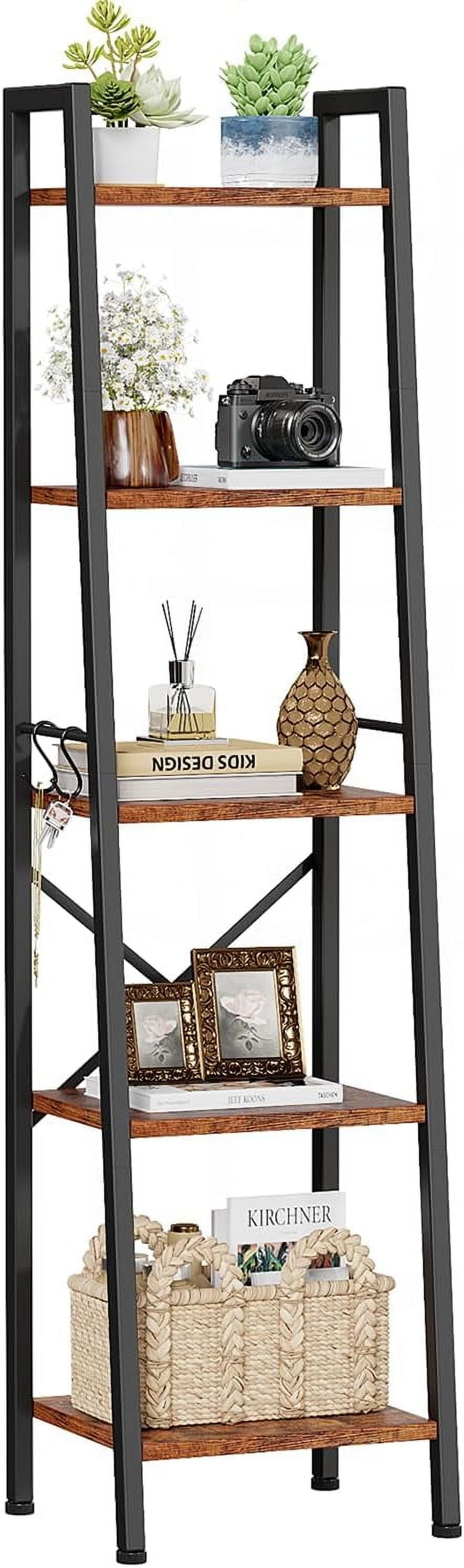 5 Tier Ladder Shelf,Tall Bookshelf with 2 Hooks,Narrow Bookcase with ...