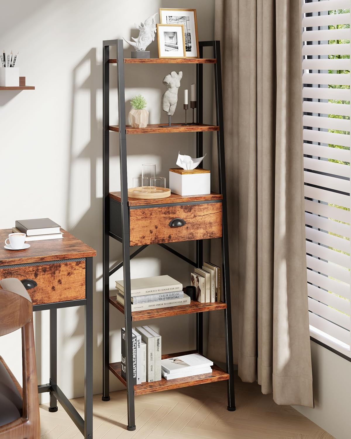 5 Tier Ladder Shelf, Tall and Narrow Bookshelf with Drawer, Standing ...