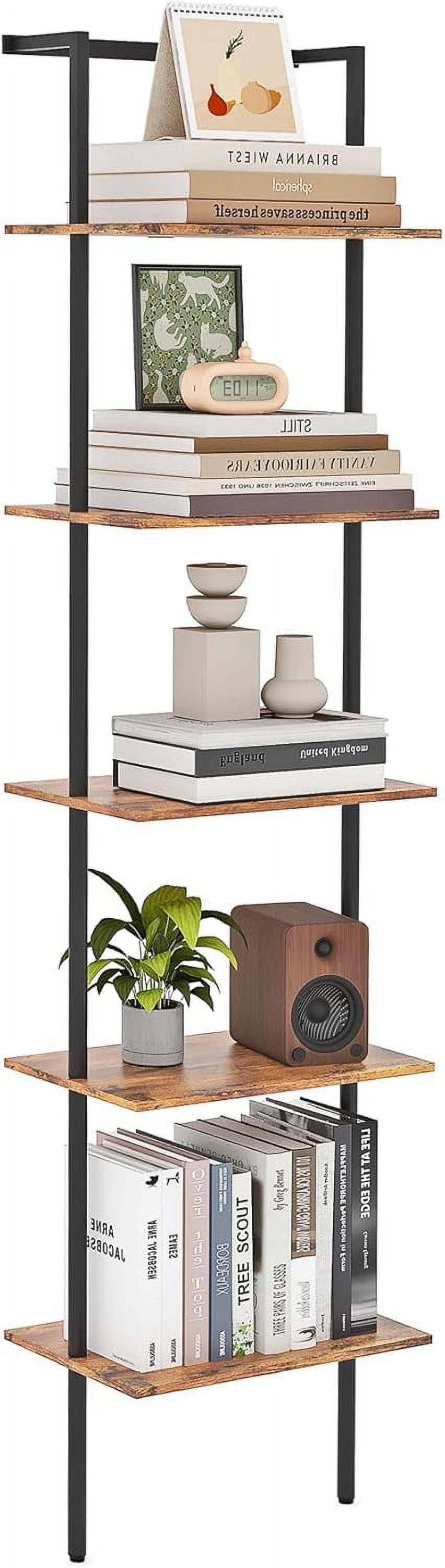 5-Tier Ladder Shelf, Wall Mounted Ladder Bookshelf with Metal Frame ...