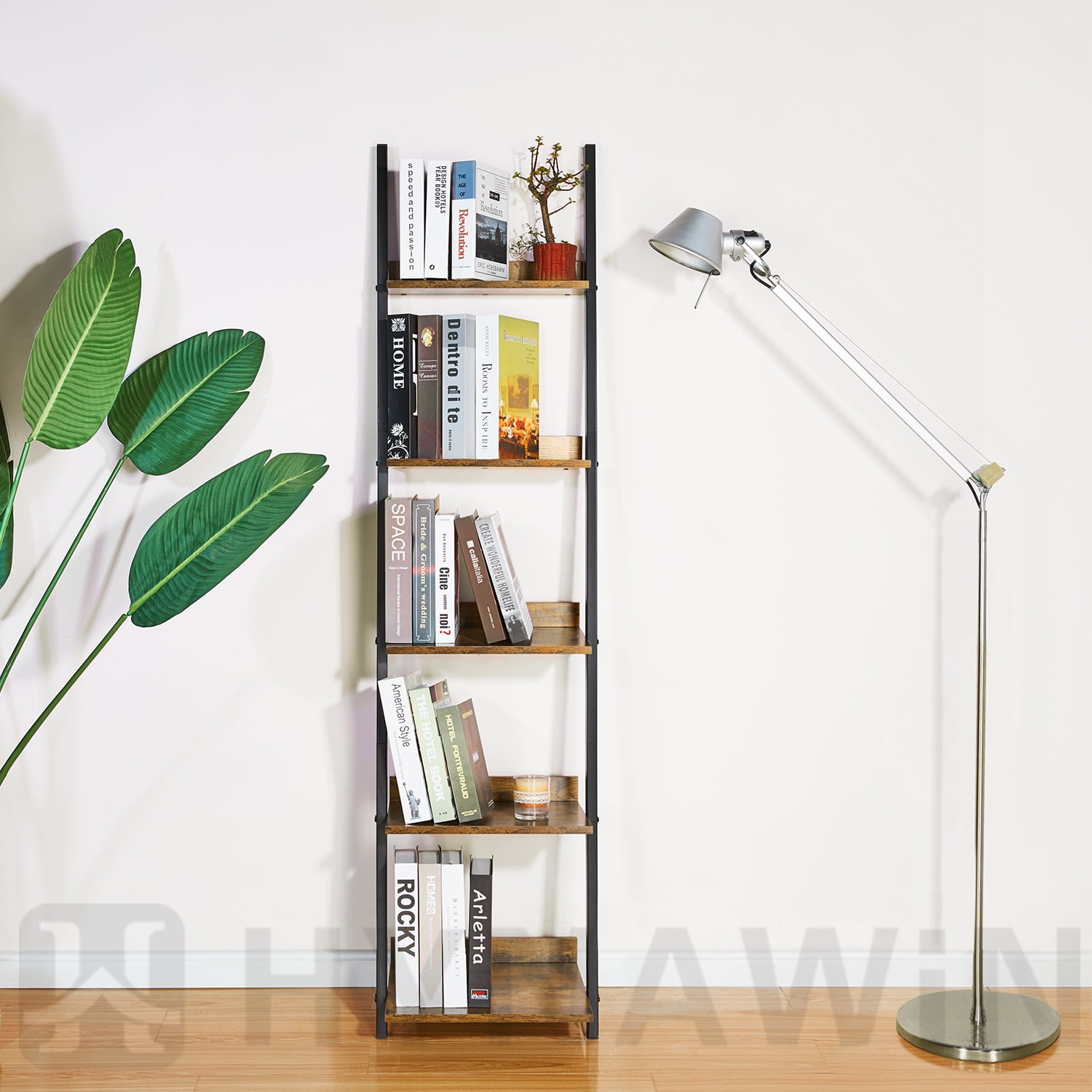 5 Tier Ladder Shelf-Wood & Metal Bookcase,Wall Mount Bookshelf Standing ...