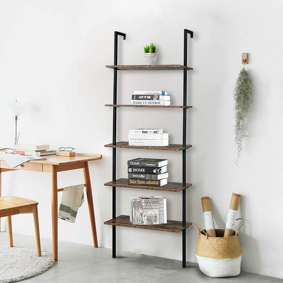 5-Tier Ladder Shelf - Wood Narrow Bookcase with Metal Frame for Small ...