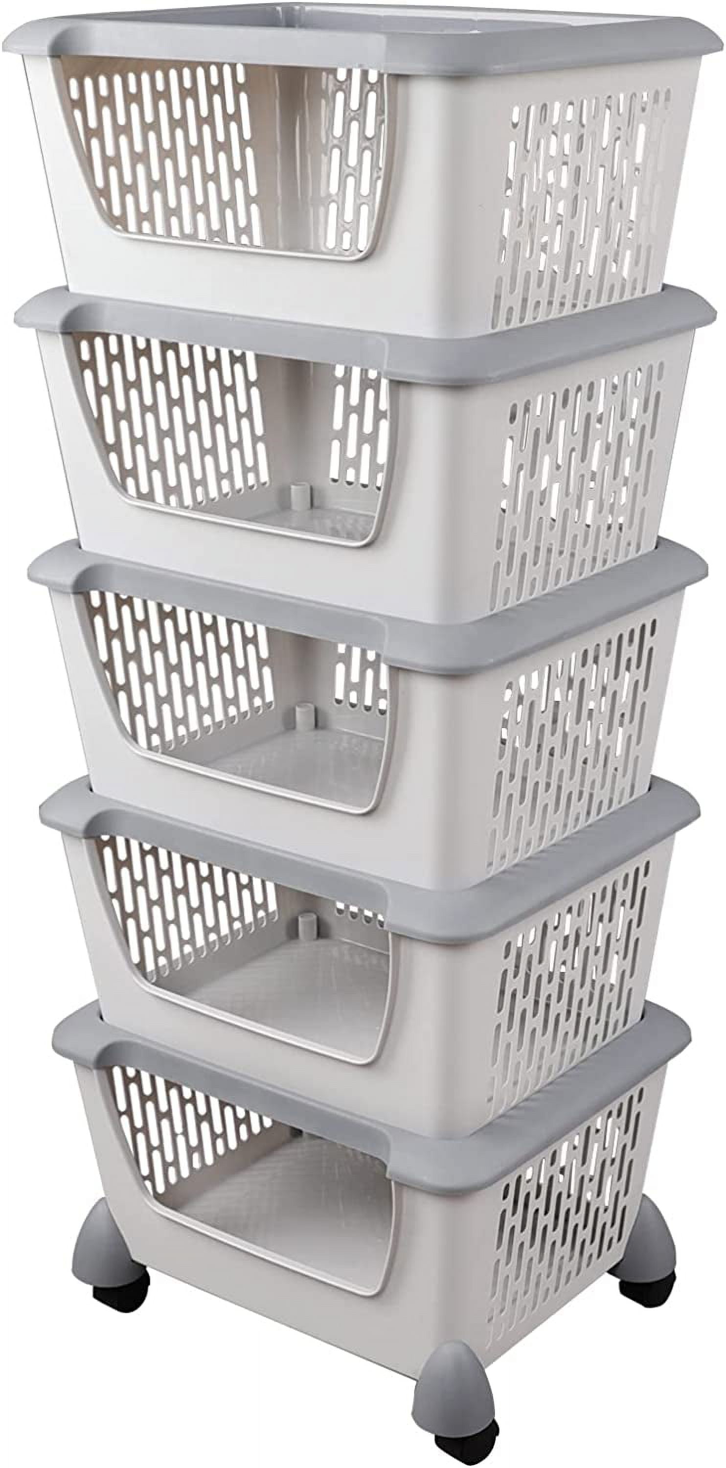 5 Tier Large Plastic Storage Stacking Basket/Bin on Wheels, Grey ...