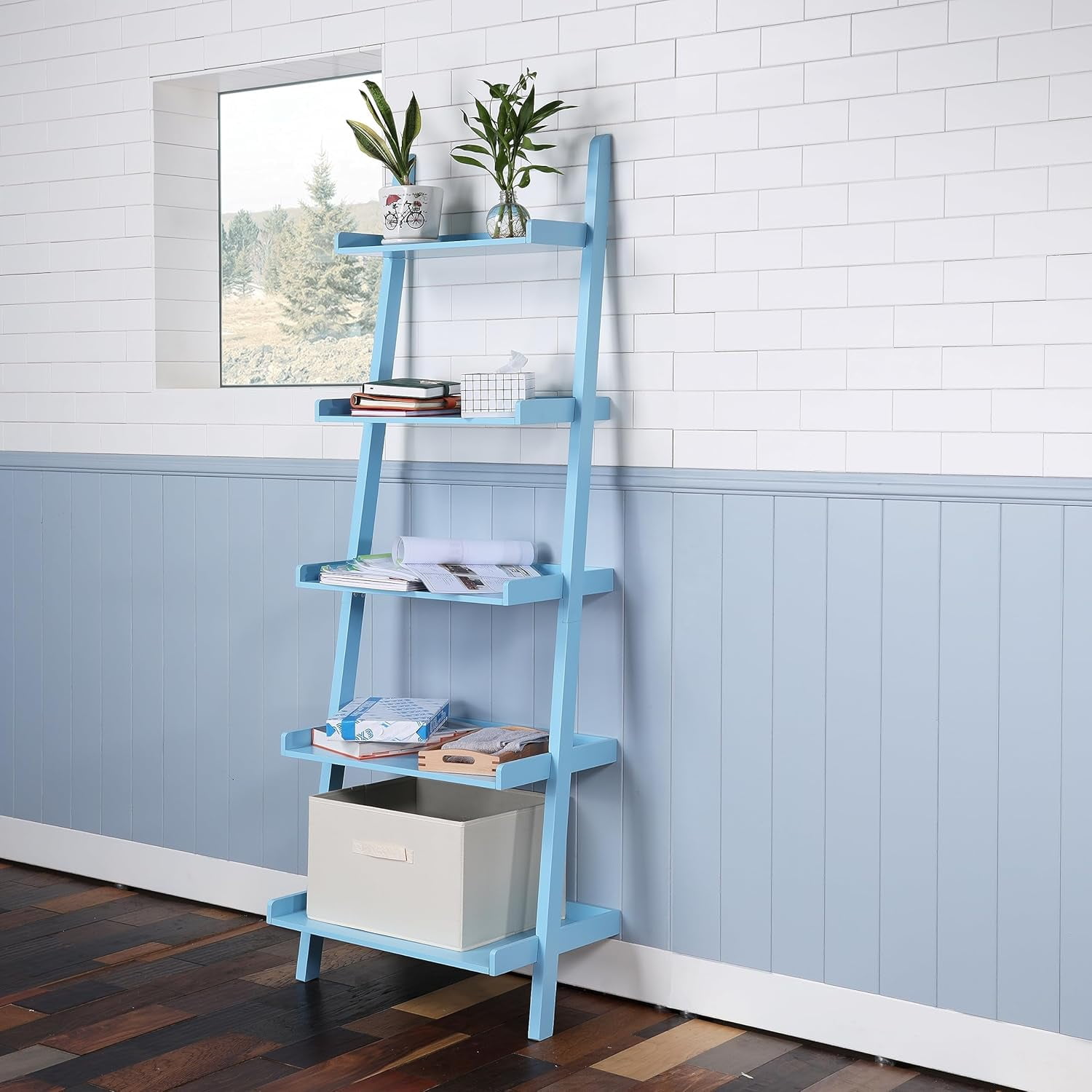 5-Tier Leaning Ladder Book Shelf, Modern Storage Rack with Open Shelves ...