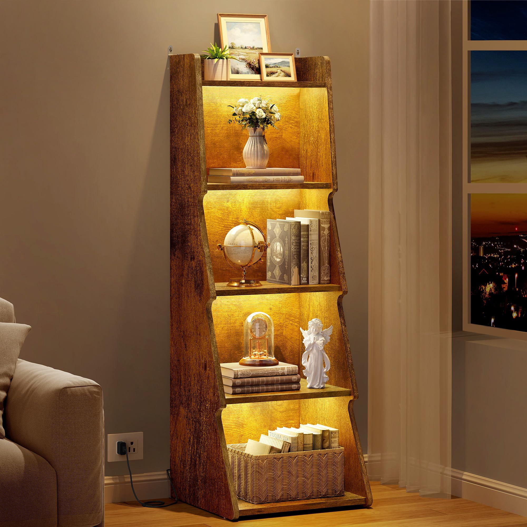 5-Tier Leaning Ladder Bookcase In Rustic Brown Finish With Integrated ...