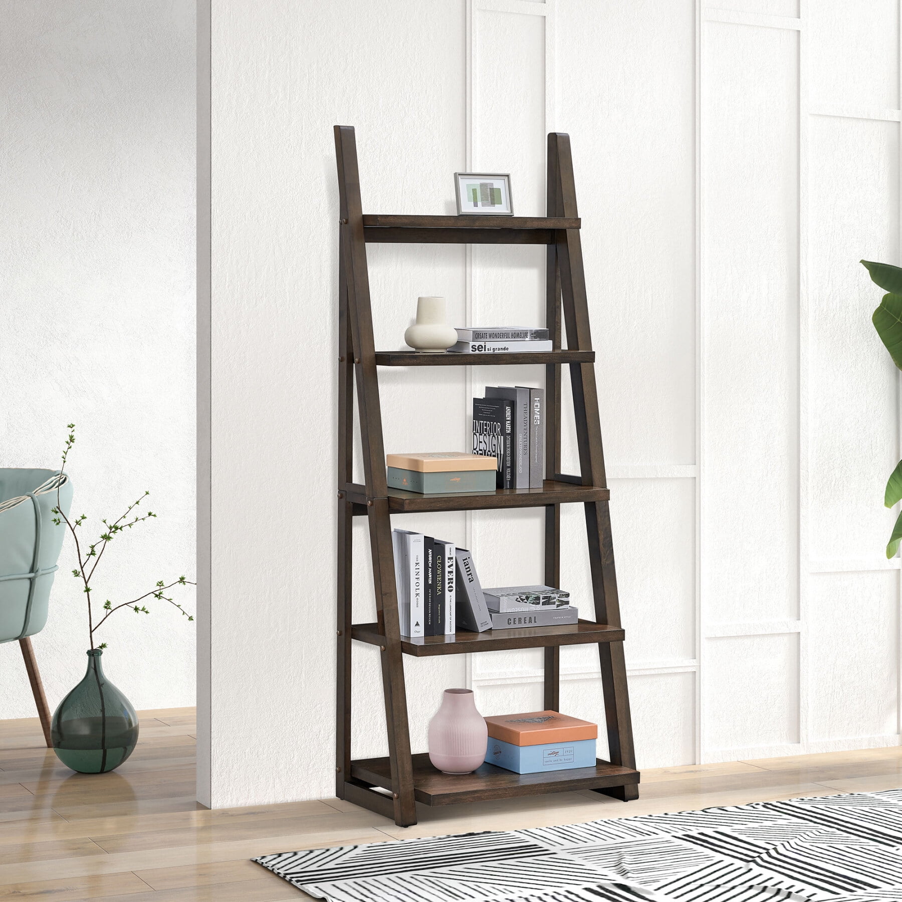 5-Tier Leaning Ladder Shelves, Storage Shelves with Rubber Wood Frame ...