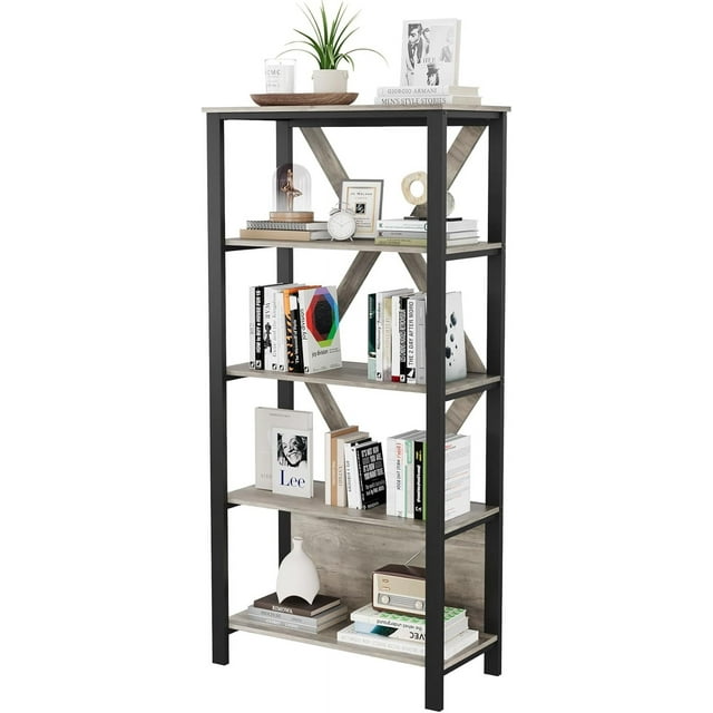 5-Tier Led Book Shelf, Industrial Open Display Wood Shelves with ...