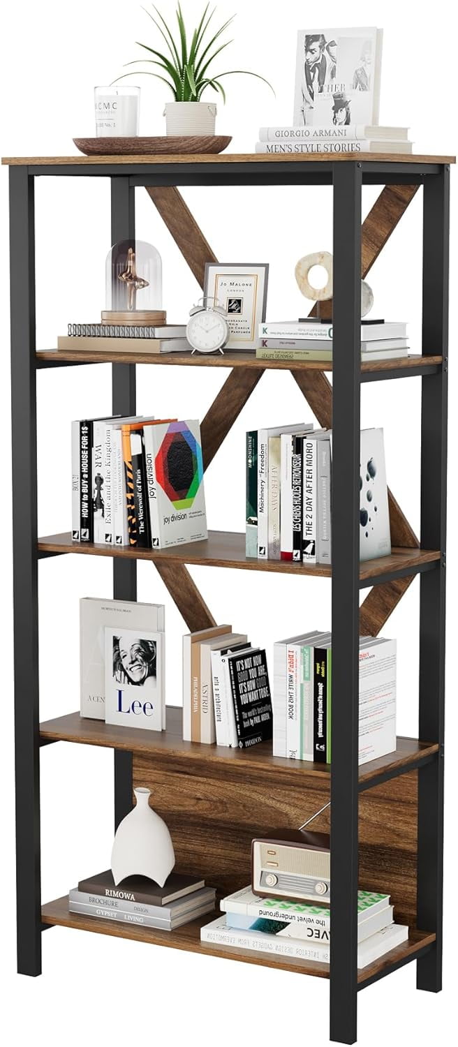 5-Tier Led Book Shelf, Industrial Open Display Wood Shelves with Strip ...