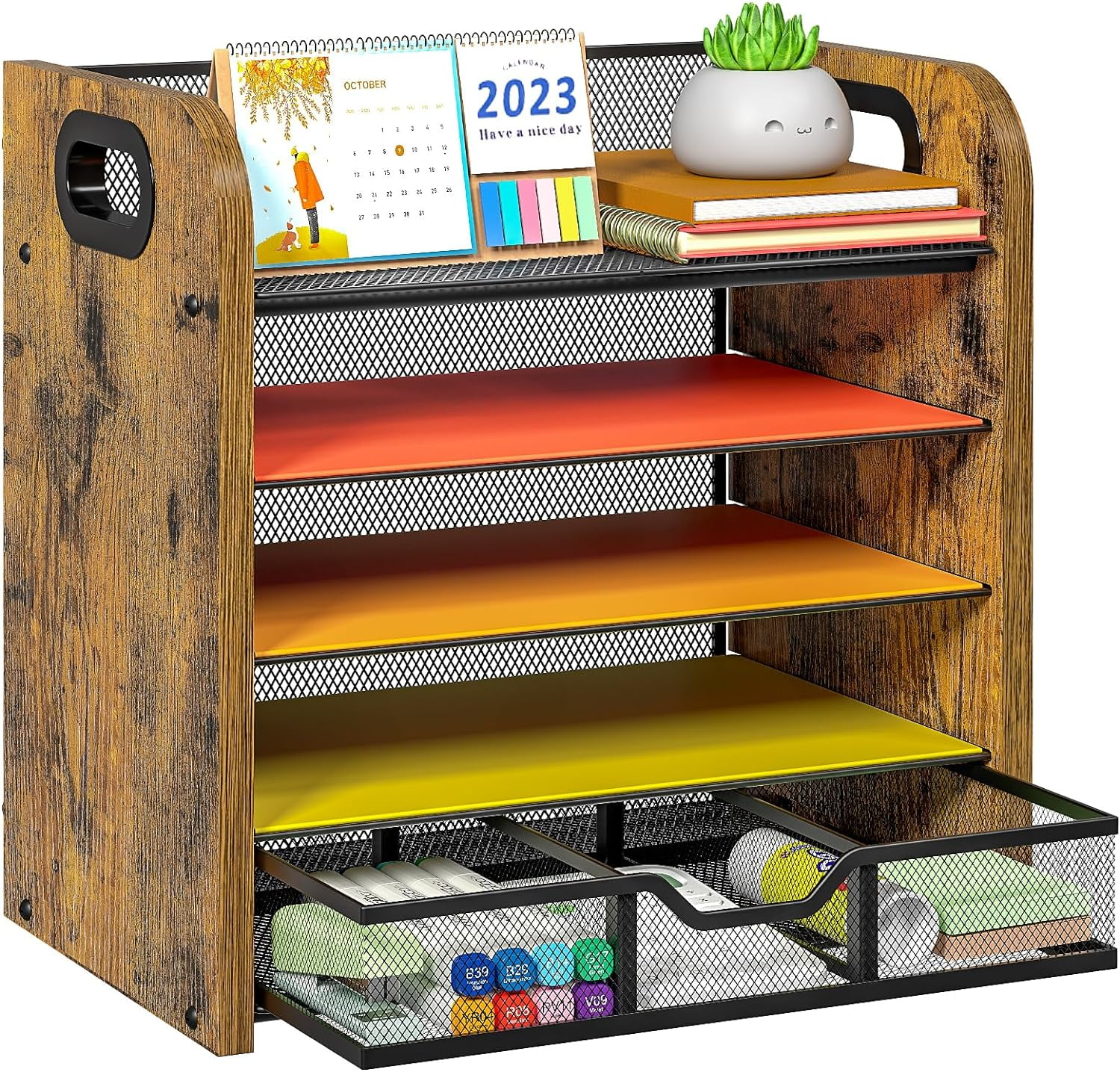5 Tier Mesh Desk Organizer with Drawer, Wood Desktop File Organizer ...