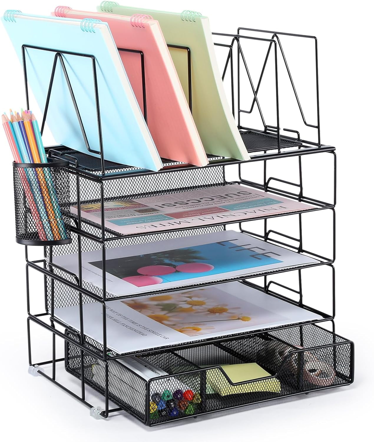 5 Tier Metal Desktop Organizer, Desk Tray Organiser with Drawer for ...