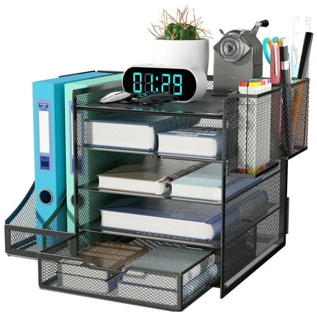 5 Tier Mesh Desk Organizer with Drawer, Paper Letter Tray Organizer and ...
