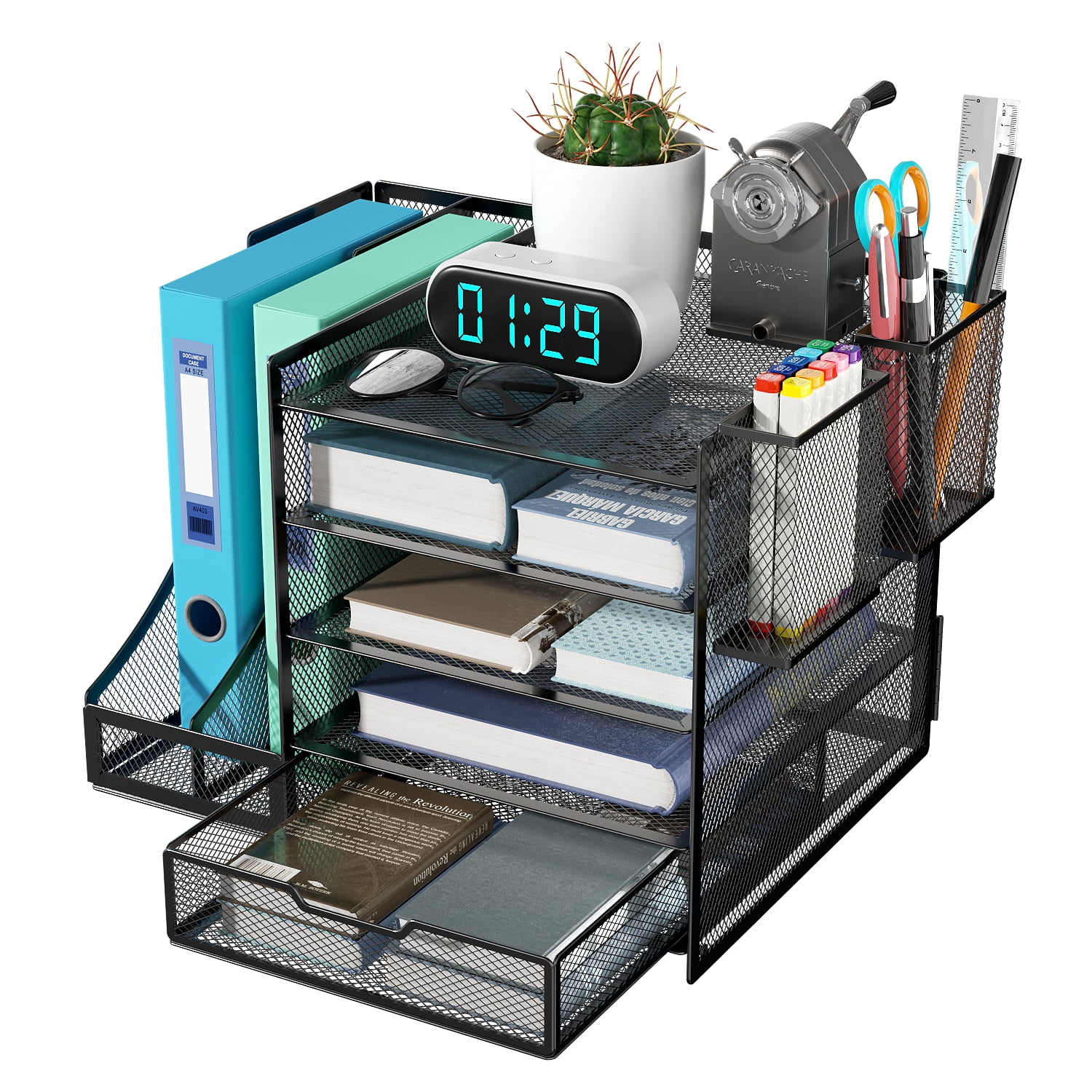 5 Tier Mesh Desk Organizer with Drawer, Paper Letter Tray Organizer and ...