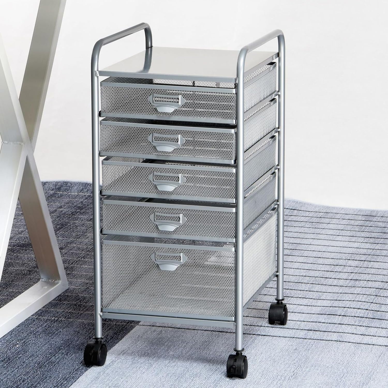 5-Tier Mesh File Storage Drawer Carts with Wheels,Rolling Storage Cart for Home Office,Silver ...