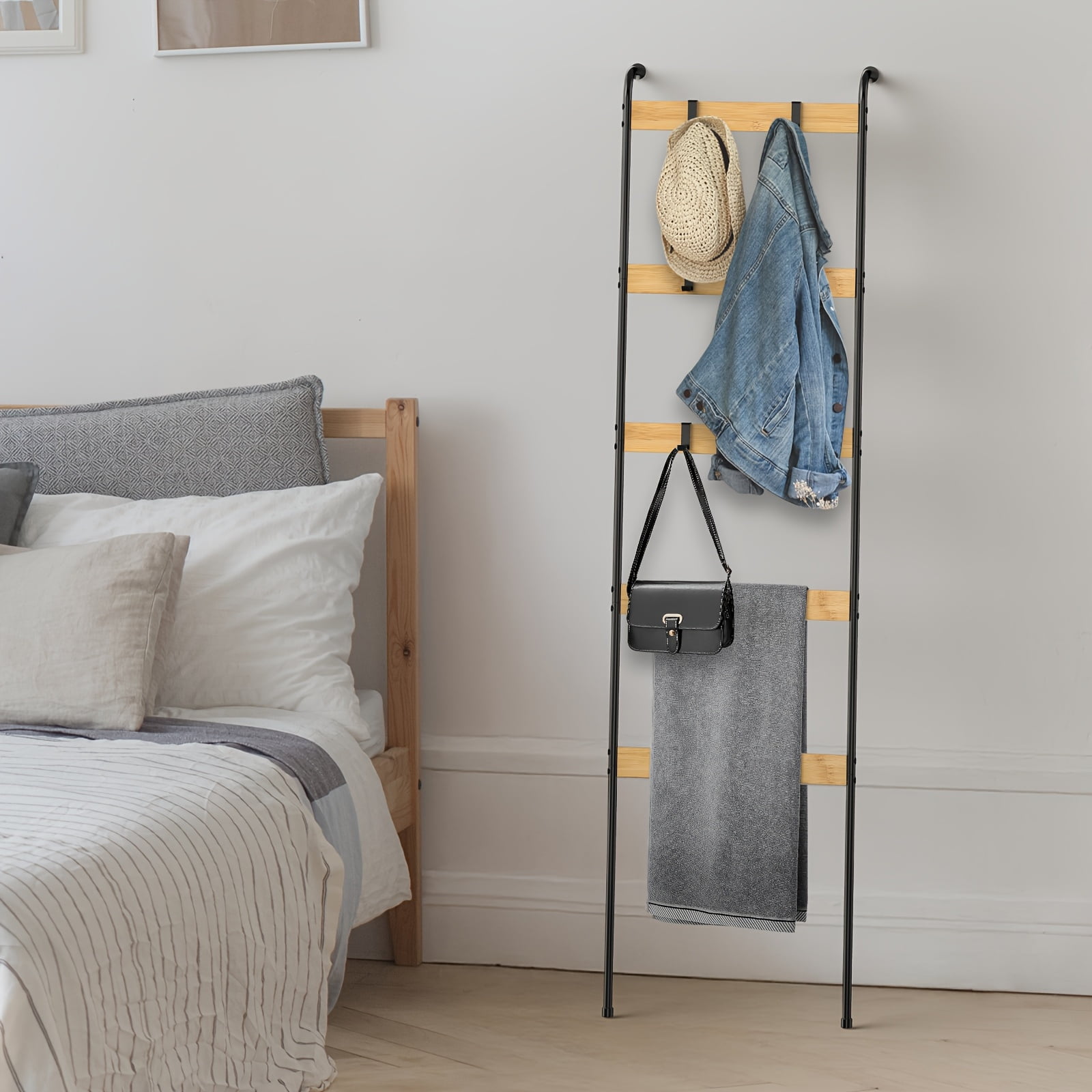 5-Tier Metal Blanket Ladder with Hooks - Chic Black and Wood Accent ...