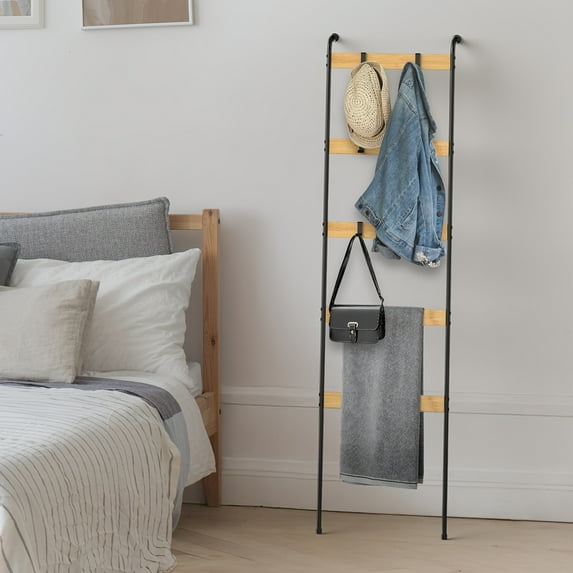 5-Tier Metal Blanket Ladder with Hooks - Chic Black and Wood Accent ...