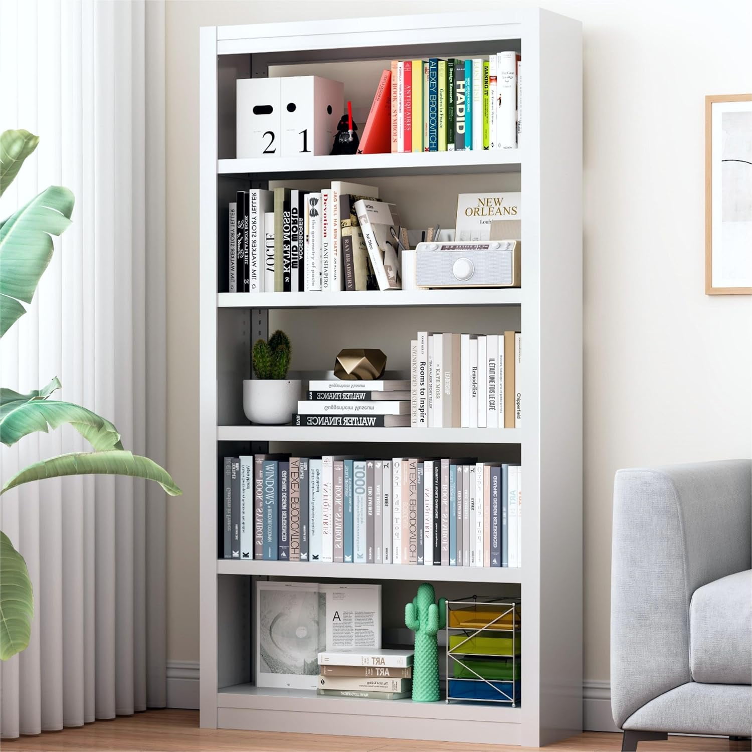 5-Tier Metal Book Shelf, 69” Tall Bookshelf with Adjustable Storsge ...