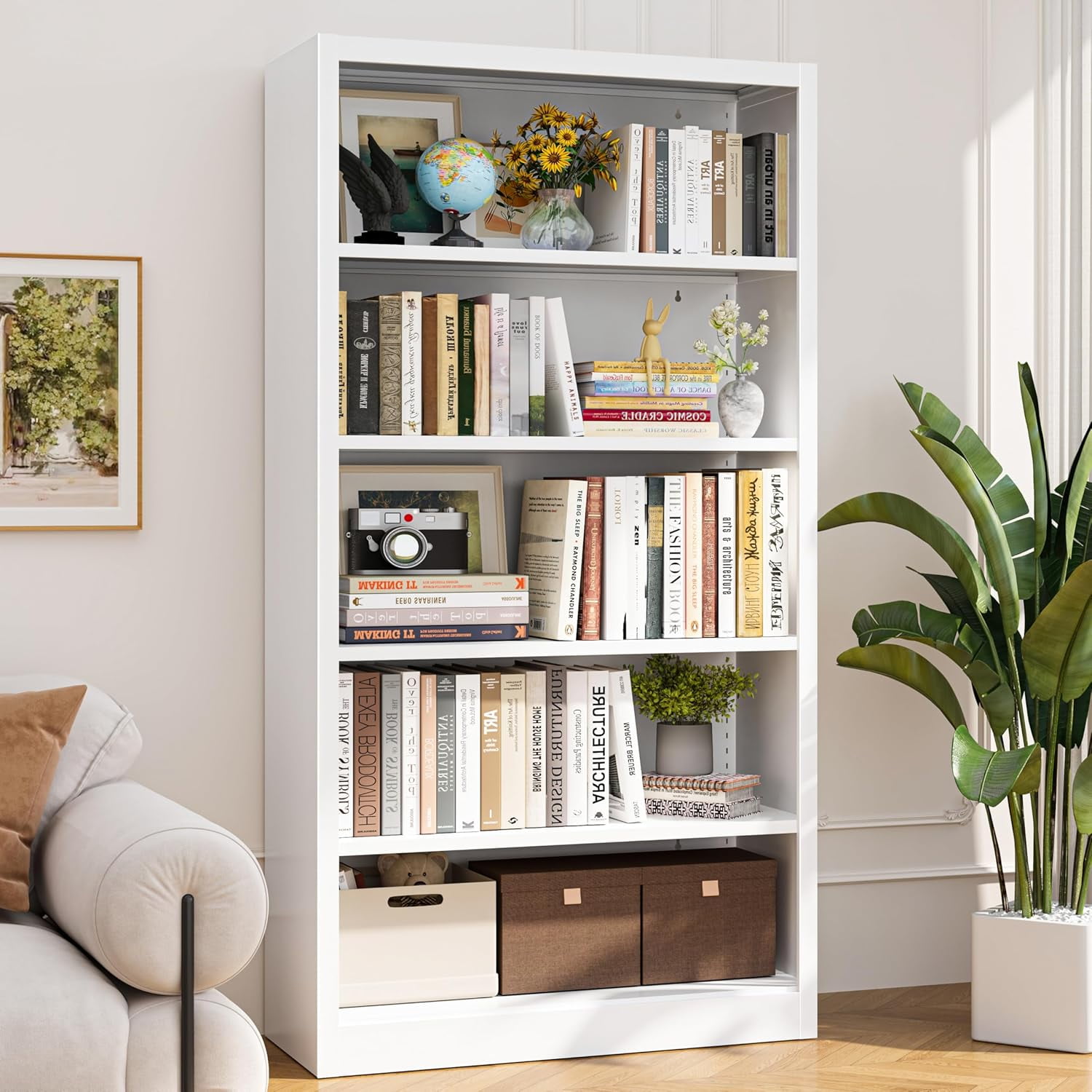 5 Tier Metal Bookshelf, 55 in Tall White Bookcase, 4 Adjustable Storage ...
