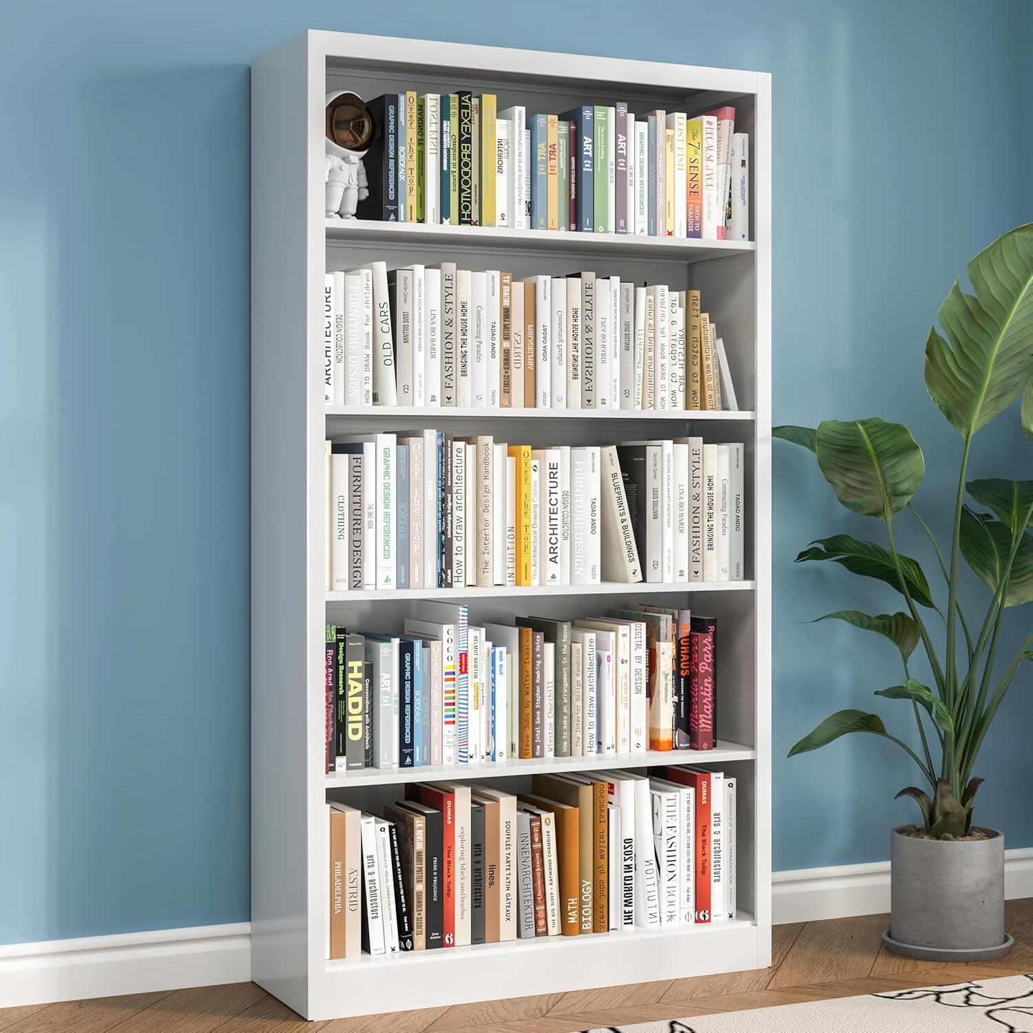 5 Tier Metal Bookshelf, 55 in Tall White Bookcase, 4 Adjustable Storage ...