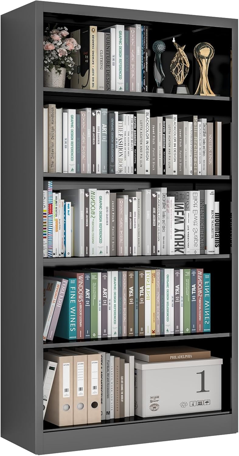 5 Tier Metal Bookshelf, 66" Tall Bookcase, Adjustable Book Shelves ...