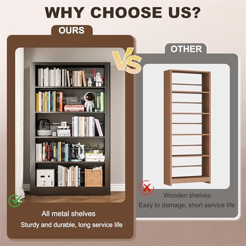 5 Tier Metal Bookshelf, 68.9" Tall Bookcase with Adjustable Storage ...