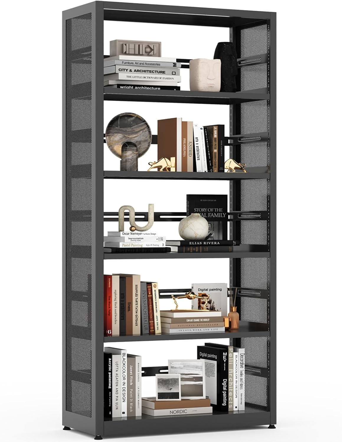5 Tier Metal Bookshelf, 68" Black Tall Bookshelf with Adjustable ...