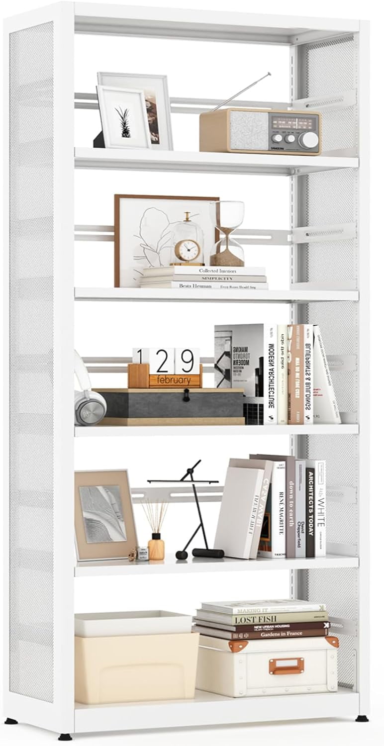5 Tier Metal Bookshelf, 68" White Tall Bookshelf with Adjustable ...