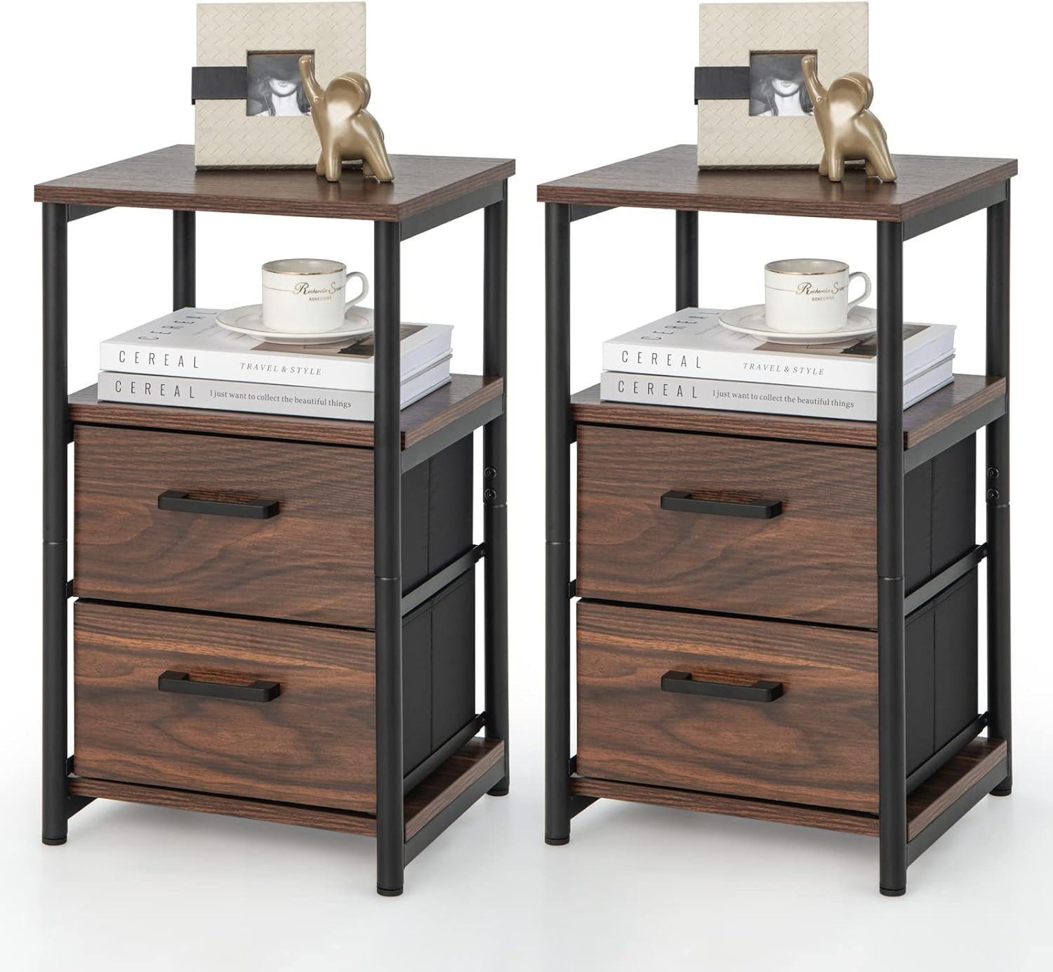 GOFLAME Nightstand Set of 2 with 2 Drawers and Open Shelf, Retro ...
